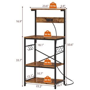 SUPERJARE Kitchen Bakers Rack with Power Outlet, Coffee Bar Table 4 Tiers, Kitchen Microwave Stand with 6 S-shaped Hooks, Kitchen Storage Shelf Rack for Spices, Pots and Pans - Rustic Brown