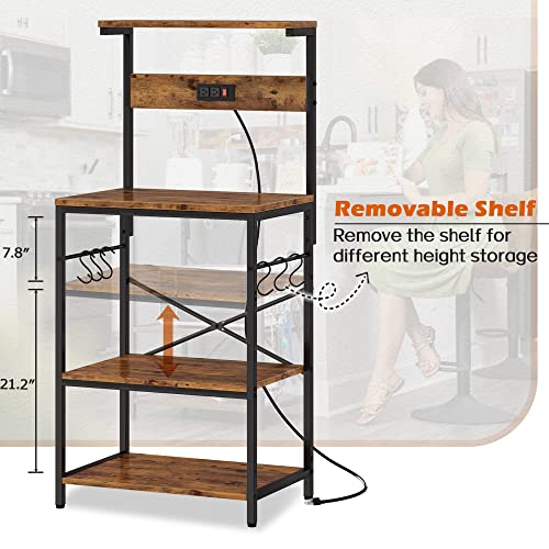 SUPERJARE Kitchen Bakers Rack with Power Outlet, Coffee Bar Table 4 Tiers, Kitchen Microwave Stand with 6 S-shaped Hooks, Kitchen Storage Shelf Rack for Spices, Pots and Pans - Rustic Brown