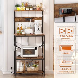 SUPERJARE Kitchen Bakers Rack with Power Outlet, Coffee Bar Table 4 Tiers, Kitchen Microwave Stand with 6 S-shaped Hooks, Kitchen Storage Shelf Rack for Spices, Pots and Pans - Rustic Brown