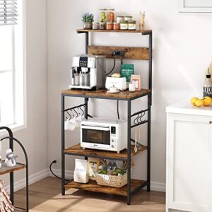 SUPERJARE Kitchen Bakers Rack with Power Outlet, Coffee Bar Table 4 Tiers, Kitchen Microwave Stand with 6 S-shaped Hooks, Kitchen Storage Shelf Rack for Spices, Pots and Pans - Rustic Brown