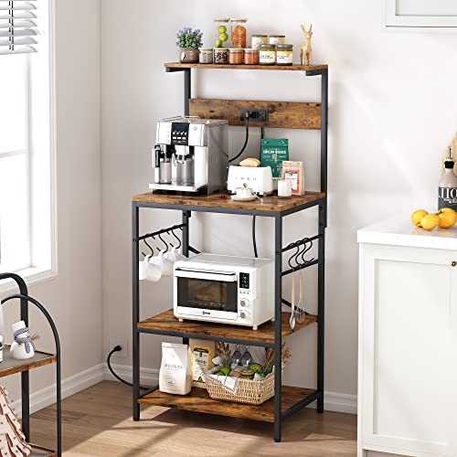 SUPERJARE Kitchen Bakers Rack with Power Outlet, Coffee Bar Table 4 Tiers, Kitchen Microwave Stand with 6 S-shaped Hooks, Kitchen Storage Shelf Rack for Spices, Pots and Pans - Rustic Brown