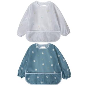 little dimsum mess-proof baby bibs|infant toddler long sleeve waterproof feeding art smock|catching food & wipe clean| pack of 2 colors flower sets