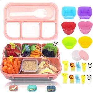 bento lunch box for kids adult,4 compartment bento box containers with fun accessories thick silicone food cake cups, cute food picks for kids,easy to clean (pink)