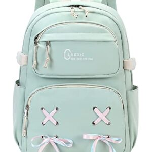 El-fmly Casual Travel Daypack Water Resistant School Bookbag Backpack with Cute Ribbon for Students Girls Teens (Lightgreen)