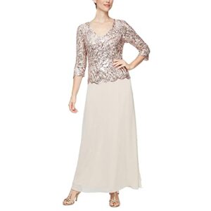 alex evenings women's long sequin lace mock dress (petite and regular sizes), sand, 16