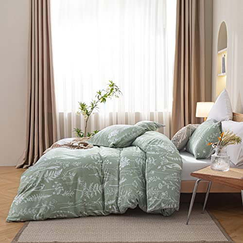 JANZAA 3 Pieces Duvet Cover, Queen, Sage Green, Floral Comforter Cover with Zipper Closure 4 Ties (2 Pillow Cases)