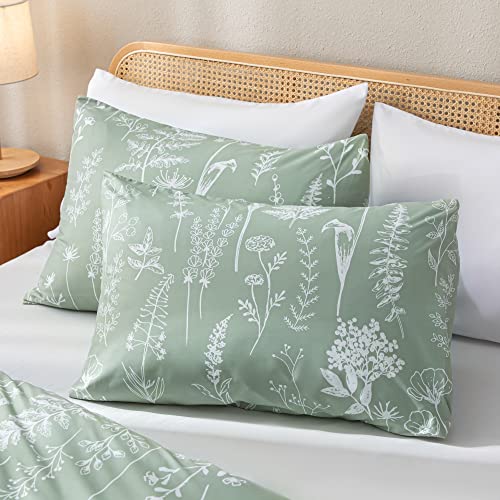 JANZAA 3 Pieces Duvet Cover, Queen, Sage Green, Floral Comforter Cover with Zipper Closure 4 Ties (2 Pillow Cases)