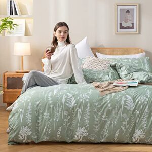 JANZAA 3 Pieces Duvet Cover, Queen, Sage Green, Floral Comforter Cover with Zipper Closure 4 Ties (2 Pillow Cases)