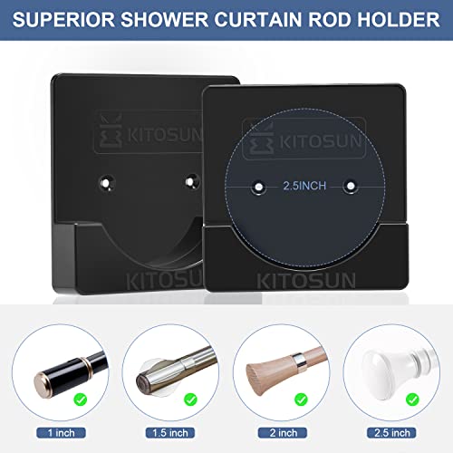 Adhesive Shower Curtain Rod Holder – Kitosun Wall Mount Bathroom Tension Pole Retainer Brackets with Super Sticky Tape for Quick Stick on and Stainless Steel Screws for Drilling Installation (Black)