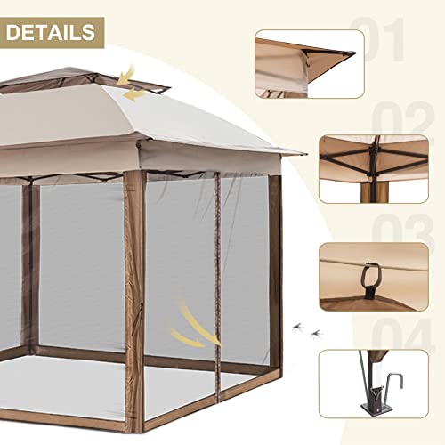 EAGLE PEAK 11x11 Pop-Up Gazebo Shelter with Screen Wall Panels Instant OutdoorTent with 121 Square Feet of Shade,Tan