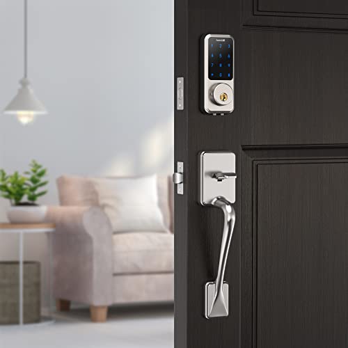 hornbill Front Door Entry Handleset with Level, Single Cylinder Exterior Door Entry Handle with Door Lever, Entry Door Lock Handle Set for Left & Right Sided Doors (Satin Nickel Finish)