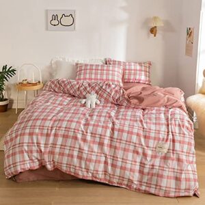 chliearime heicatte checker duvet cover set, strawberry red check plaid pattern printed, soft microfiber inner fill bedding (4pcs, full 78''x90'')