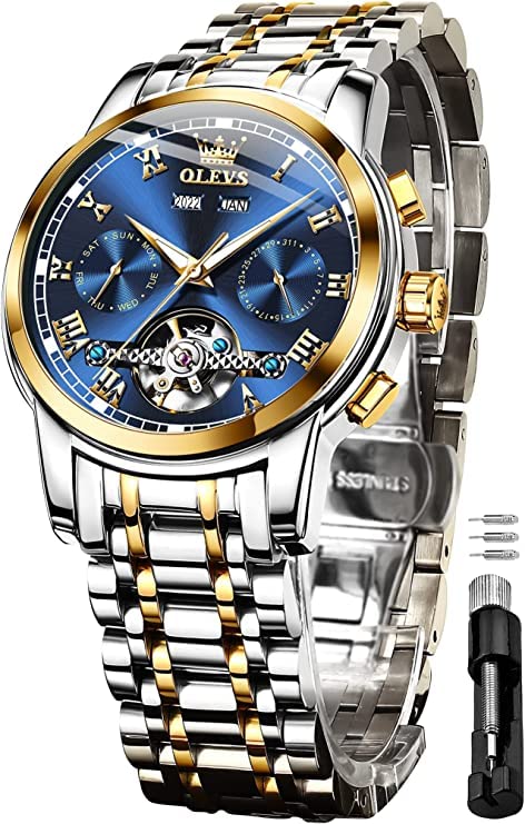 OLEVS Watches for Men Automatic Mechanical Self Winding Blue Dress Tourbillon Stainless Steel Dual Calendar Waterproof Luminous Wrist Watch