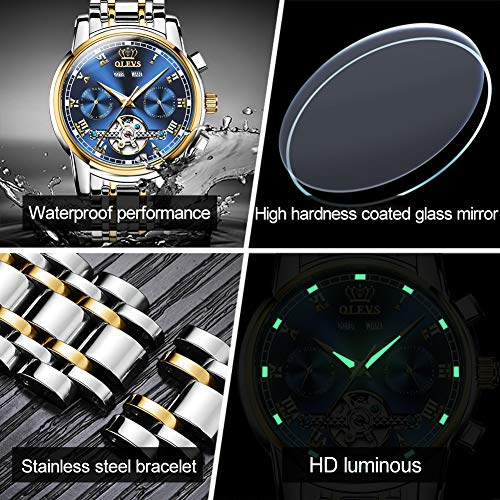 OLEVS Watches for Men Automatic Mechanical Self Winding Blue Dress Tourbillon Stainless Steel Dual Calendar Waterproof Luminous Wrist Watch