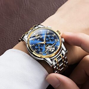 OLEVS Watches for Men Automatic Mechanical Self Winding Blue Dress Tourbillon Stainless Steel Dual Calendar Waterproof Luminous Wrist Watch