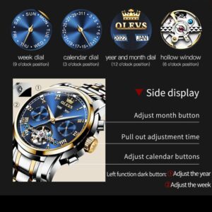 OLEVS Watches for Men Automatic Mechanical Self Winding Blue Dress Tourbillon Stainless Steel Dual Calendar Waterproof Luminous Wrist Watch