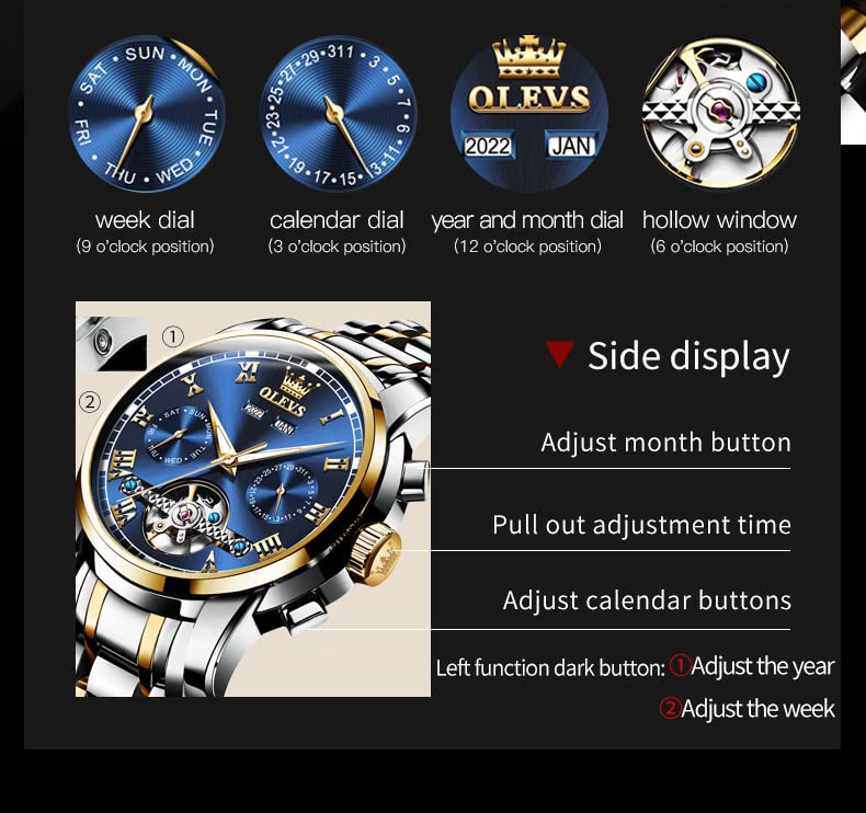 OLEVS Watches for Men Automatic Mechanical Self Winding Blue Dress Tourbillon Stainless Steel Dual Calendar Waterproof Luminous Wrist Watch