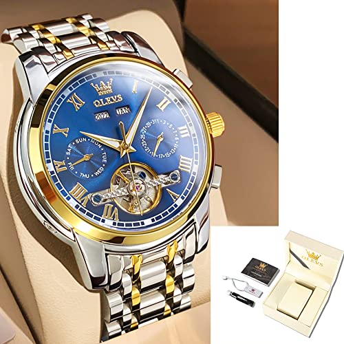 OLEVS Watches for Men Automatic Mechanical Self Winding Blue Dress Tourbillon Stainless Steel Dual Calendar Waterproof Luminous Wrist Watch