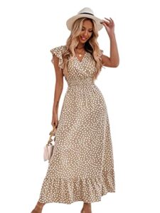 makemechic women's allover print ruffle sleeve v neck ruffle hem a line summer maxi dress khaki xs