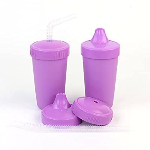 Re Play 10 Oz. No Spill Cups with Convertible Straw Lids - Made in USA - One Piece Silicone Valve and Bendy Straws - BPA Free - Purple