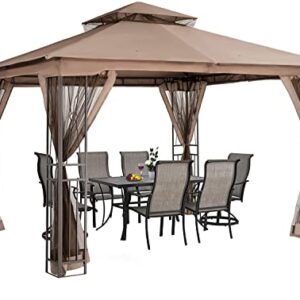 HAPPATIO 10' X 12' Patio Gazebo with Ventilation Double Roof，Outdoor Gazebo with Mosquito Netting for Lawn, Garden (Light Brown)