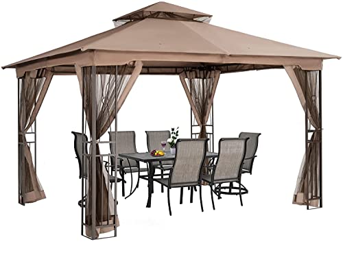 HAPPATIO 10' X 12' Patio Gazebo with Ventilation Double Roof，Outdoor Gazebo with Mosquito Netting for Lawn, Garden (Light Brown)