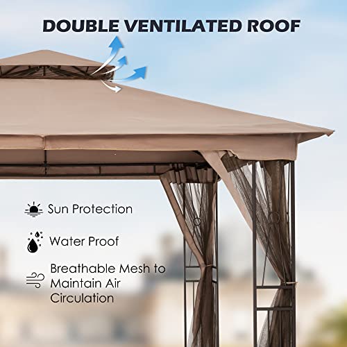 HAPPATIO 10' X 12' Patio Gazebo with Ventilation Double Roof，Outdoor Gazebo with Mosquito Netting for Lawn, Garden (Light Brown)