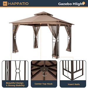 HAPPATIO 10' X 12' Patio Gazebo with Ventilation Double Roof，Outdoor Gazebo with Mosquito Netting for Lawn, Garden (Light Brown)