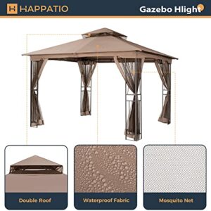 HAPPATIO 10' X 12' Patio Gazebo with Ventilation Double Roof，Outdoor Gazebo with Mosquito Netting for Lawn, Garden (Light Brown)