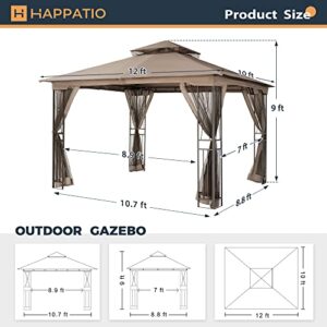 HAPPATIO 10' X 12' Patio Gazebo with Ventilation Double Roof，Outdoor Gazebo with Mosquito Netting for Lawn, Garden (Light Brown)