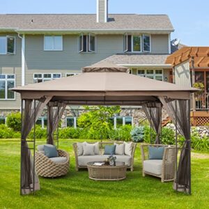 HAPPATIO 10' X 12' Patio Gazebo with Ventilation Double Roof，Outdoor Gazebo with Mosquito Netting for Lawn, Garden (Light Brown)