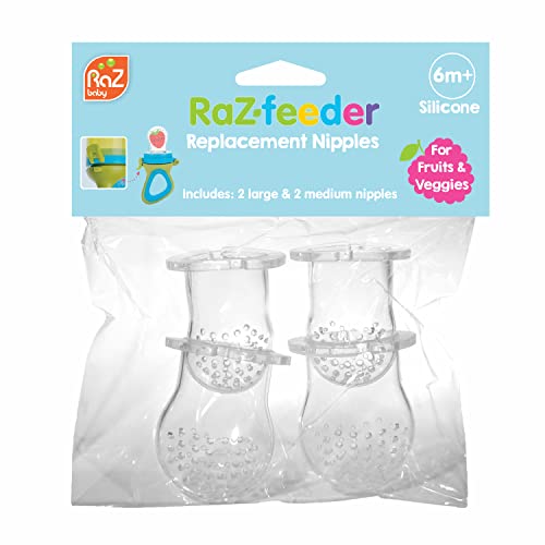 RaZbaby Feeder Pacifier Replacement Nipples (2 Large & 2 Medium) for Fruits & Vegetables, Infant Soothing Teether Toy 6M+, Food-Grade Silicone Pouch/Nipple, Dishwasher Safe, BPA Free, Freezable 4 Pack