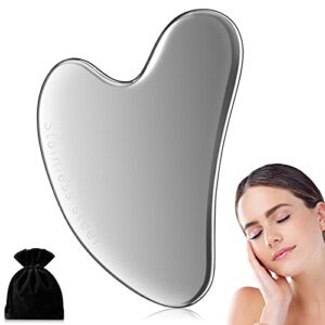 auruza gua sha facial tool, stainless steel guasha face lift massage beauty metal skin care board scraping self skincare lymphatic drainage massager lift anti-aging & wrinkles jawline exerciser tools