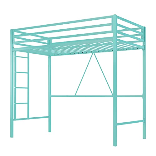 SHA CERLIN Junior Loft Bed Twin Size, Heavy Duty Twin Bed Frame with Full-Length Guardrail & Removable Stairs, Noise Free, Space-Saving, No Box Spring Needed, Aqua Blue