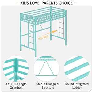 SHA CERLIN Junior Loft Bed Twin Size, Heavy Duty Twin Bed Frame with Full-Length Guardrail & Removable Stairs, Noise Free, Space-Saving, No Box Spring Needed, Aqua Blue