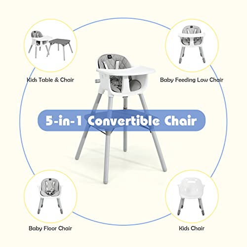 HONEY JOY 5-in-1 High Chair, Convertible Highchair for Babies and Toddlers/Kids Chair Table Set/Booster Seat/Infant Feeding Chair w/Safety Harness, PU Leather Cushion & Removable Food Tray (Gray)