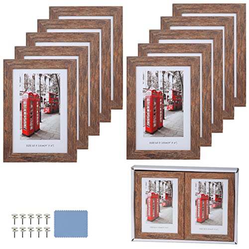 4x6 Picture Frames Set of 10, Wooden Picture Frame Set with Display Box, Rustic Style Antique Brown Wood Grain Photo Frame Suitable For Desktop Display and Wall Decoration.