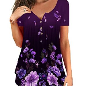 Plus Size Womens Tunic Tops To Wear With Leggings Summer Short Sleeve Henley Shirts Casual Ruffles Button Up Blouses Purple Print 3XL