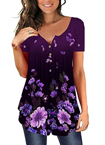 Plus Size Womens Tunic Tops To Wear With Leggings Summer Short Sleeve Henley Shirts Casual Ruffles Button Up Blouses Purple Print 3XL