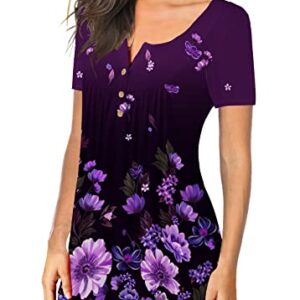 Plus Size Womens Tunic Tops To Wear With Leggings Summer Short Sleeve Henley Shirts Casual Ruffles Button Up Blouses Purple Print 3XL