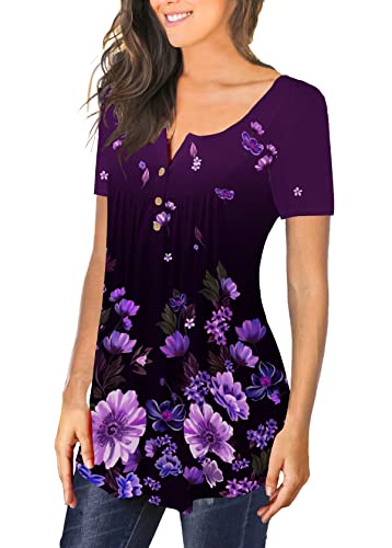 Plus Size Womens Tunic Tops To Wear With Leggings Summer Short Sleeve Henley Shirts Casual Ruffles Button Up Blouses Purple Print 3XL