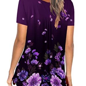 Plus Size Womens Tunic Tops To Wear With Leggings Summer Short Sleeve Henley Shirts Casual Ruffles Button Up Blouses Purple Print 3XL