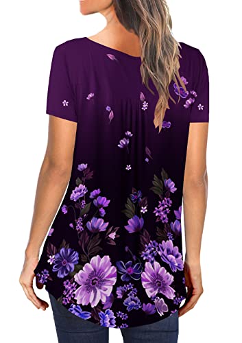 Plus Size Womens Tunic Tops To Wear With Leggings Summer Short Sleeve Henley Shirts Casual Ruffles Button Up Blouses Purple Print 3XL