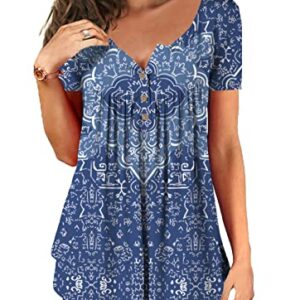 Plus Size Womens Tunic Tops To Wear With Leggings Summer Short Sleeve Henley Shirts Casual Ruffles Button Up Blouses Blue Print 2XL