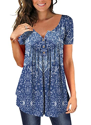 Plus Size Womens Tunic Tops To Wear With Leggings Summer Short Sleeve Henley Shirts Casual Ruffles Button Up Blouses Blue Print 2XL