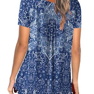 Plus Size Womens Tunic Tops To Wear With Leggings Summer Short Sleeve Henley Shirts Casual Ruffles Button Up Blouses Blue Print 2XL