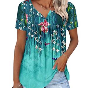 ONLYSHE Summer Floral Plus Size Shirts Blouse for Women Casual Tunic Tops Short Sleeve Ruffle TealWhite XL