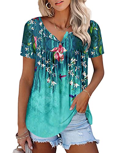 ONLYSHE Summer Floral Plus Size Shirts Blouse for Women Casual Tunic Tops Short Sleeve Ruffle TealWhite XL