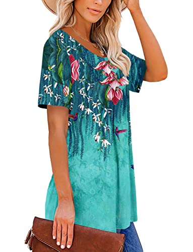 ONLYSHE Summer Floral Plus Size Shirts Blouse for Women Casual Tunic Tops Short Sleeve Ruffle TealWhite XL