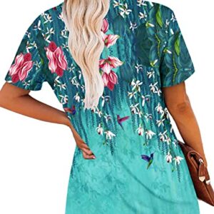 ONLYSHE Summer Floral Plus Size Shirts Blouse for Women Casual Tunic Tops Short Sleeve Ruffle TealWhite XL